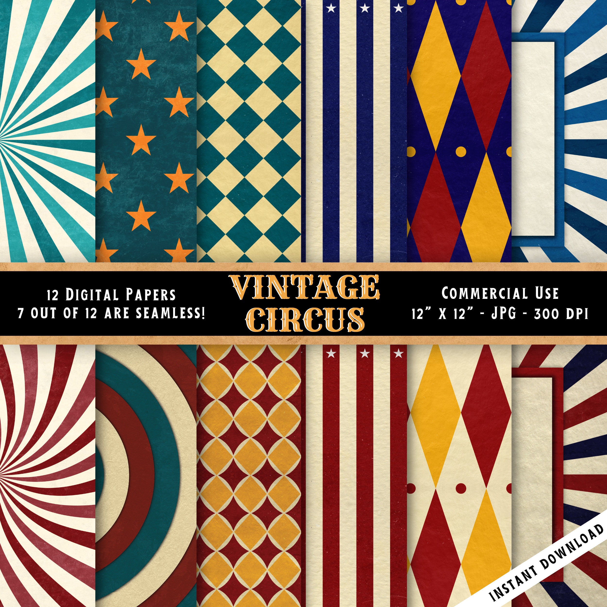 Vintage Circus Digital Paper Commercial Use High-resolution 300 Dpi JPG ...