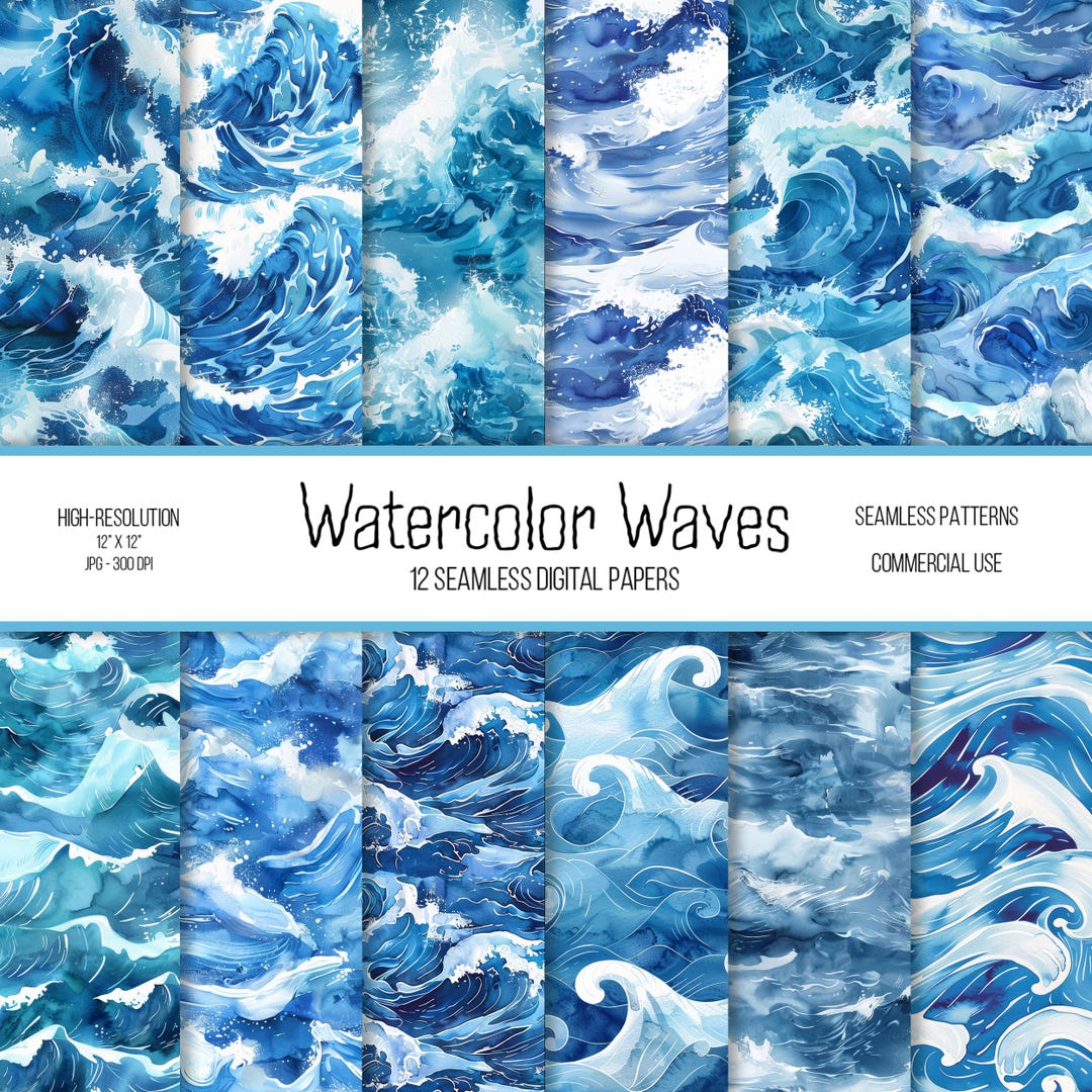 Watercolor Waves Digital Paper: Seamless Water Patterns (digital ...