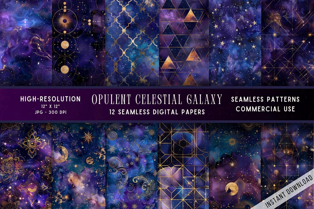 Celestial Galaxy Digital Paper: Seamless Gold Stars, Space Patterns ...