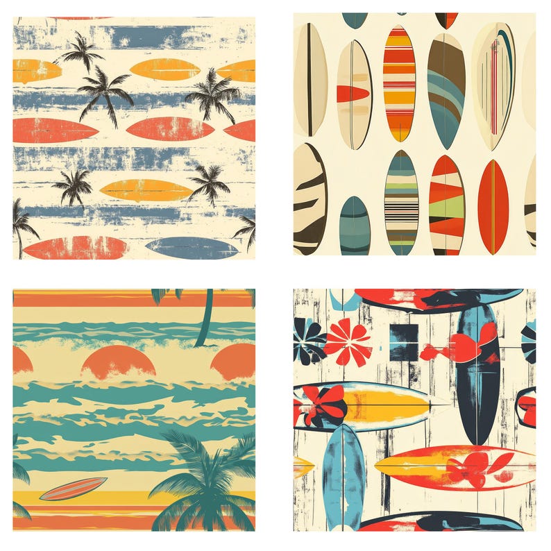 Retro Surfing Digital Paper: Vintage 60s 70s Seamless Patterns (digital ...