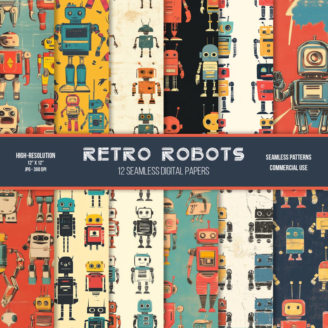 Retro Robots Seamless Digital Paper: Vintage Style Patterns (digital ...