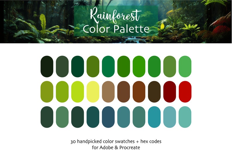 Rainforest Digital Color Palette: 30 Tropical Hues for Procreate ...