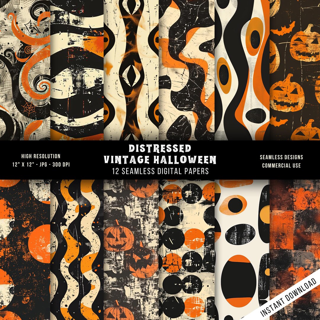 Distressed Vintage Halloween Digital Paper: Retro Seamless Patterns ...