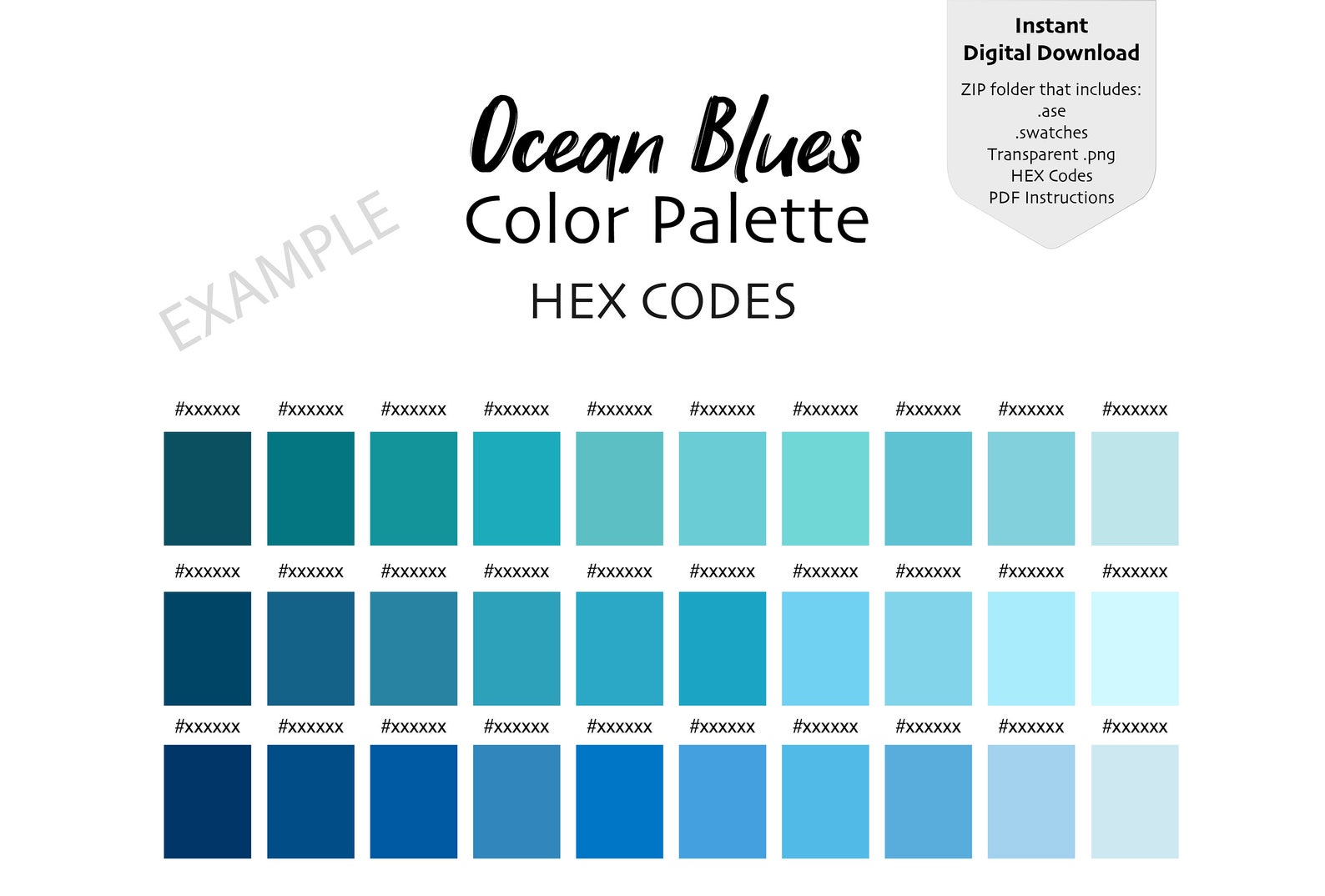 Ocean Blues Digital Color Palette: 30 Sea Blue Hues for Procreate ...