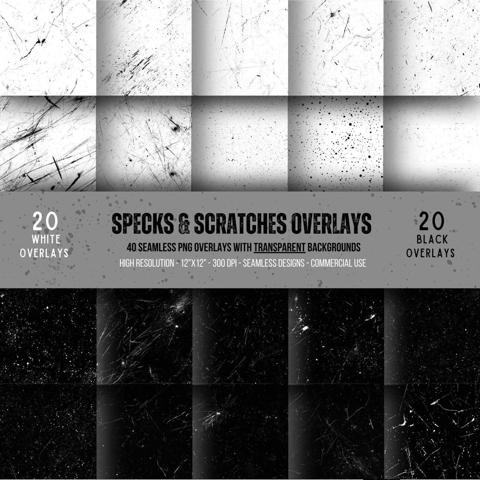 Black AND White Specks & Scratches 40 Seamless Overlays (20 Patterns ...
