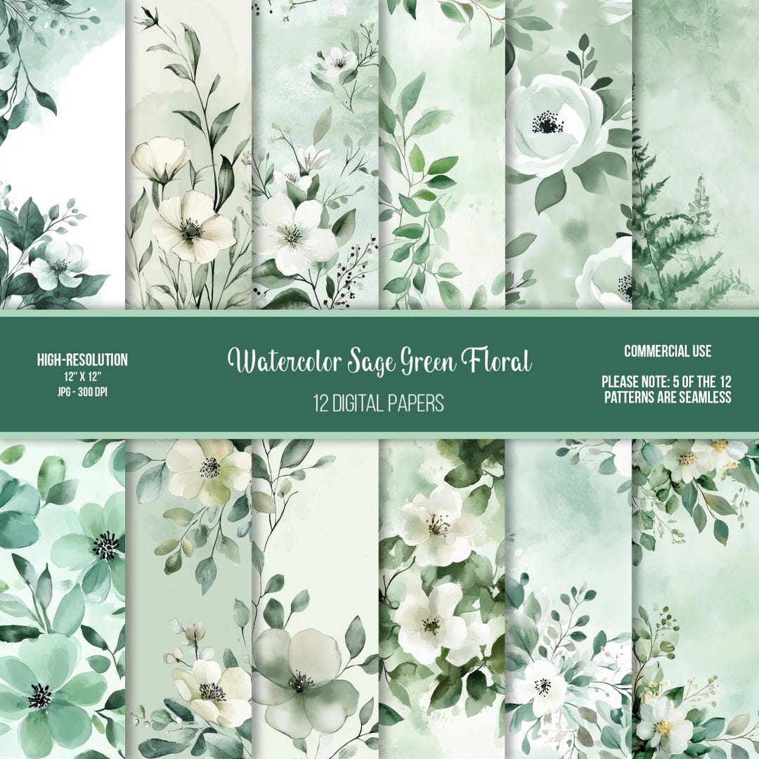 Watercolor Sage Green Floral Digital Paper: 12" JPG (digital Download ...