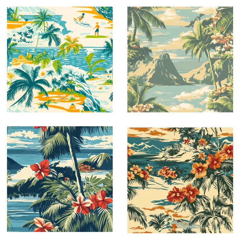 Vintage Hawaiian Print Digital Paper: Seamless Tropical Island Patterns ...