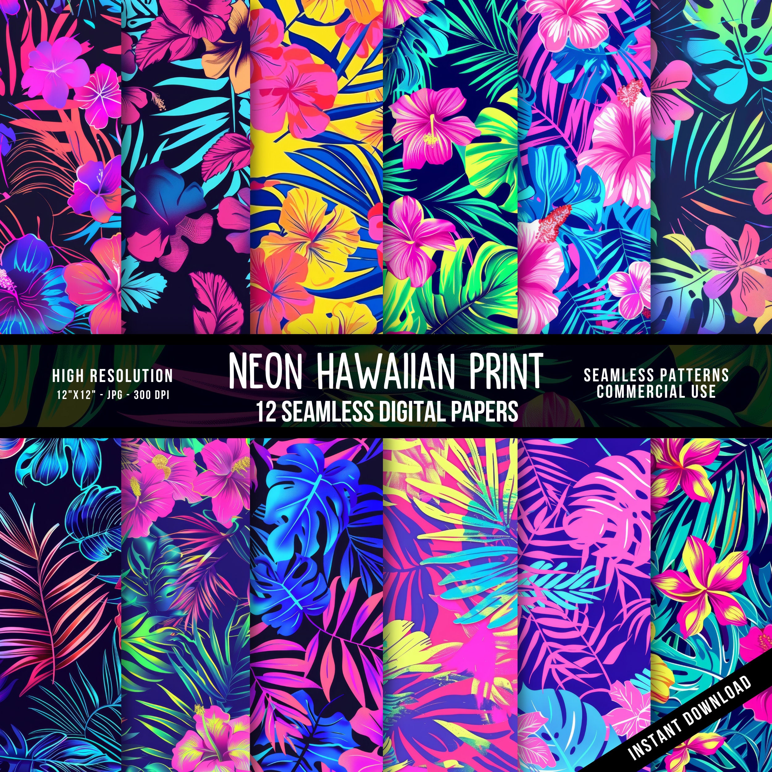 Neon Hawaiian Print Digital Paper: Seamless Tropical Patterns (digital ...