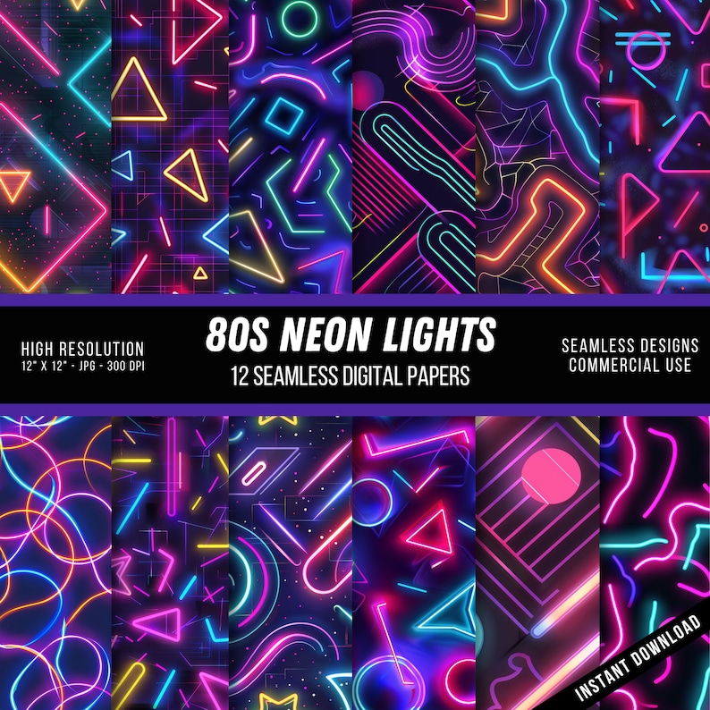 80s Neon Lights Seamless Digital Paper | Commercial Use | High ...