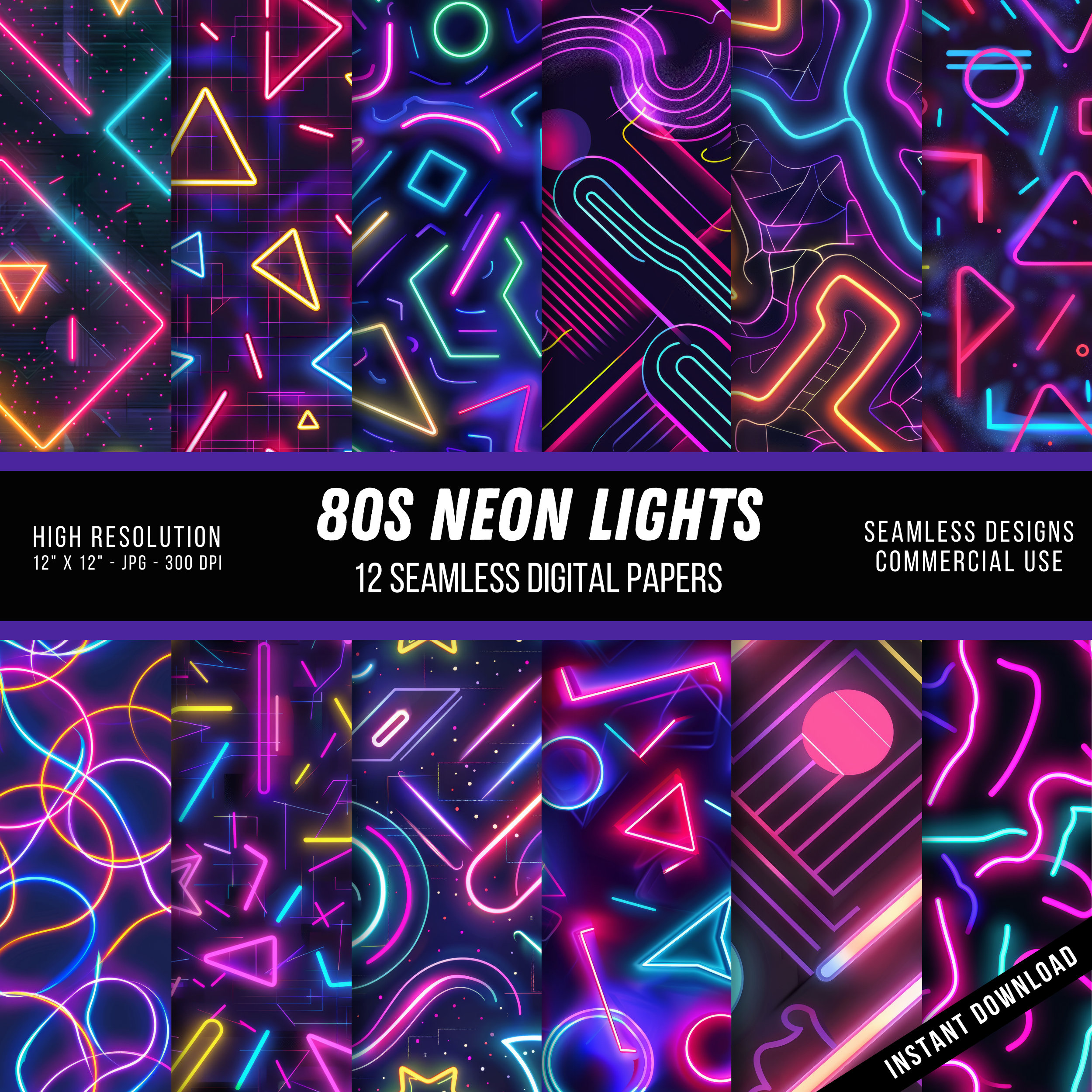 80s Neon Lights Seamless Digital Paper | Commercial Use | High ...