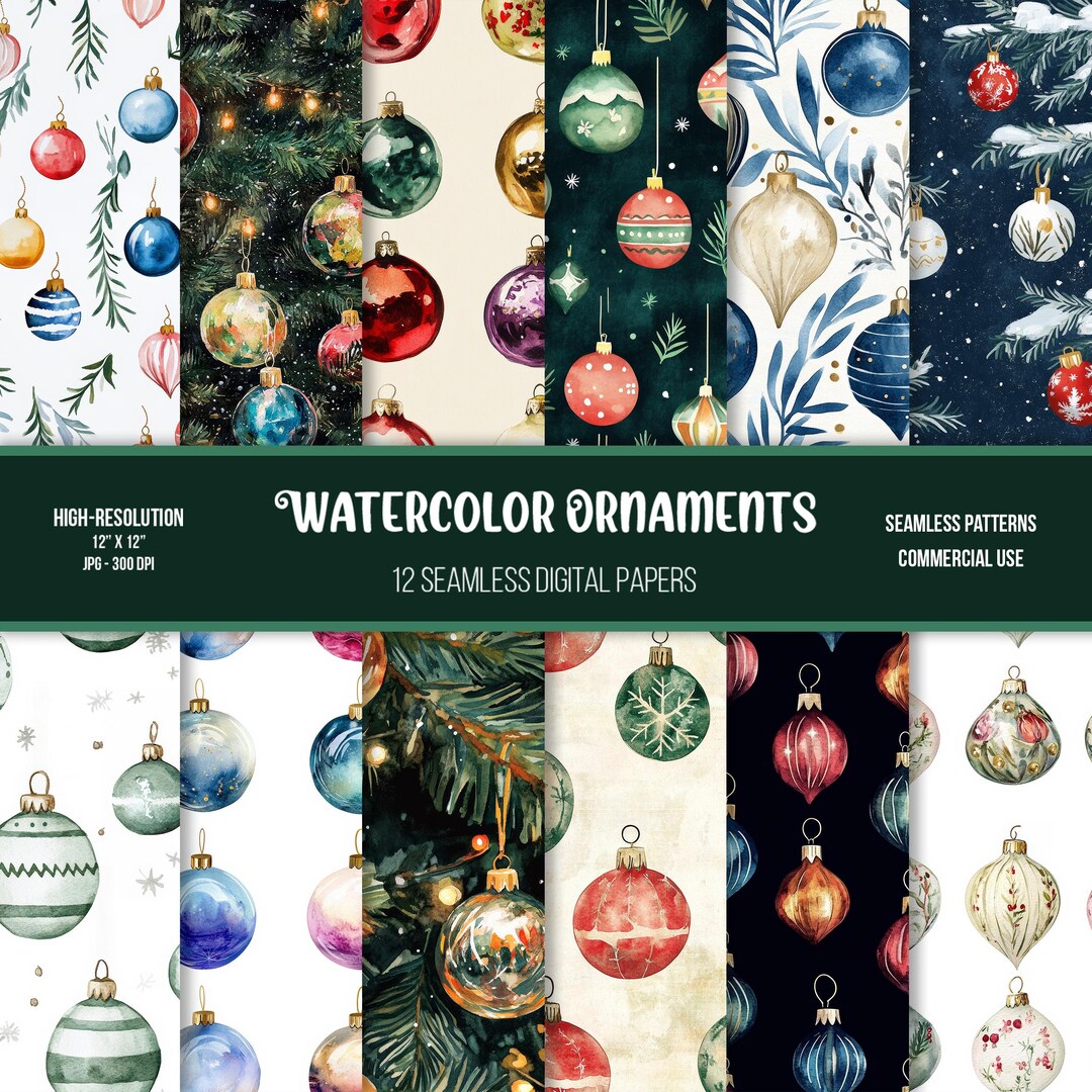 Watercolor Ornaments Digital Paper: Seamless Christmas Holiday Patterns ...