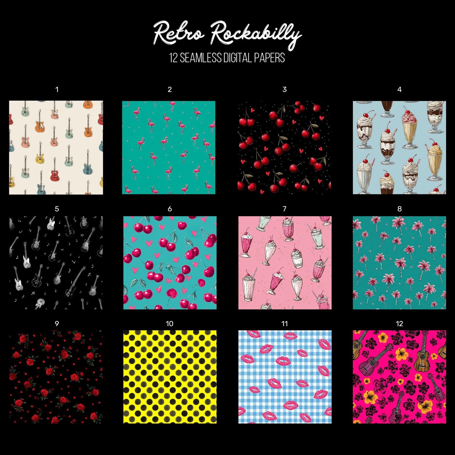 Retro Rockabilly Digital Paper: Seamless 50s Vintage Patterns (digital ...