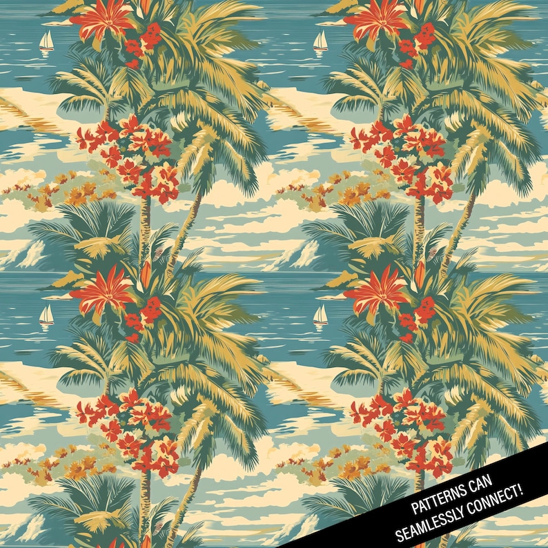 Vintage Hawaiian Print Digital Paper: Seamless Tropical Island Patterns ...