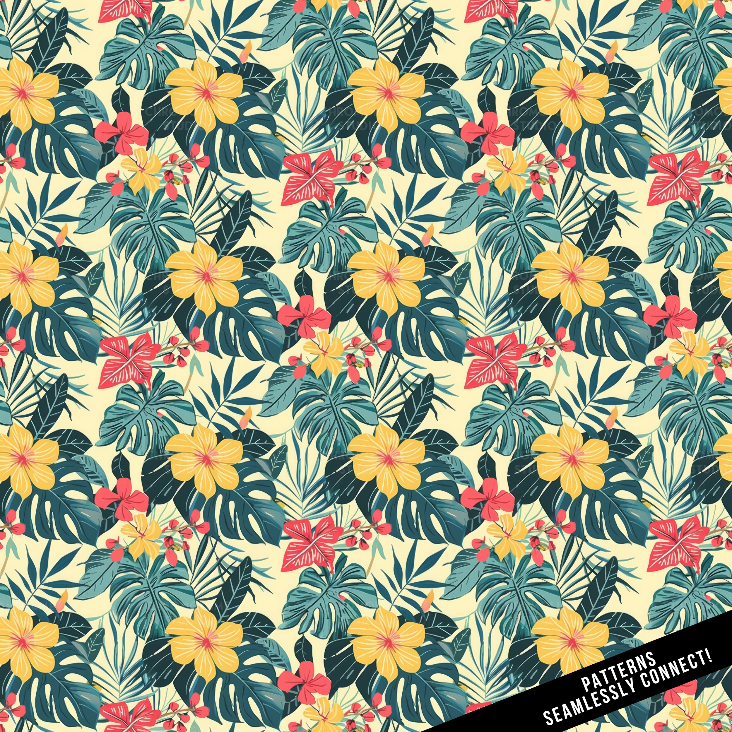Retro Hawaiian Print Digital Paper: Seamless Tropical Hibiscus, Palm ...