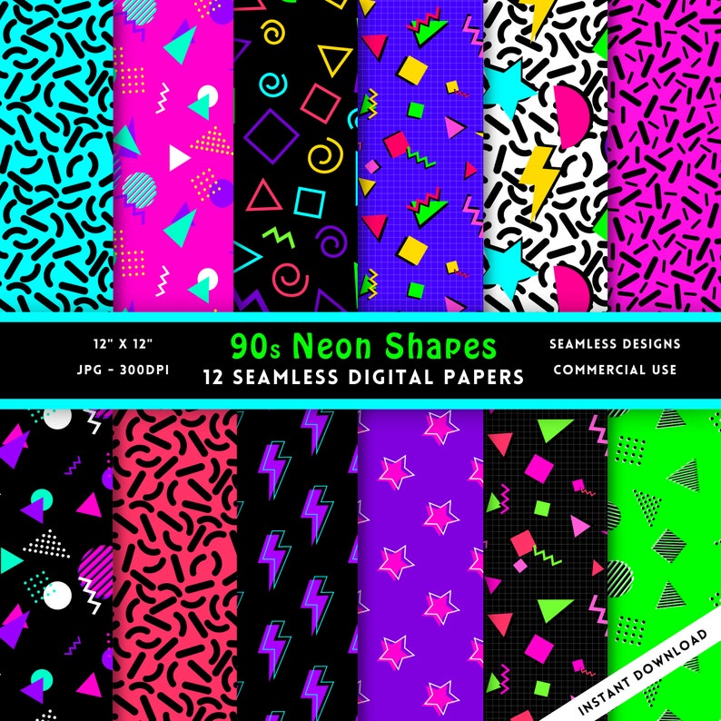 90s Neon Shapes Seamless Digital Paper | Commercial Use | High ...