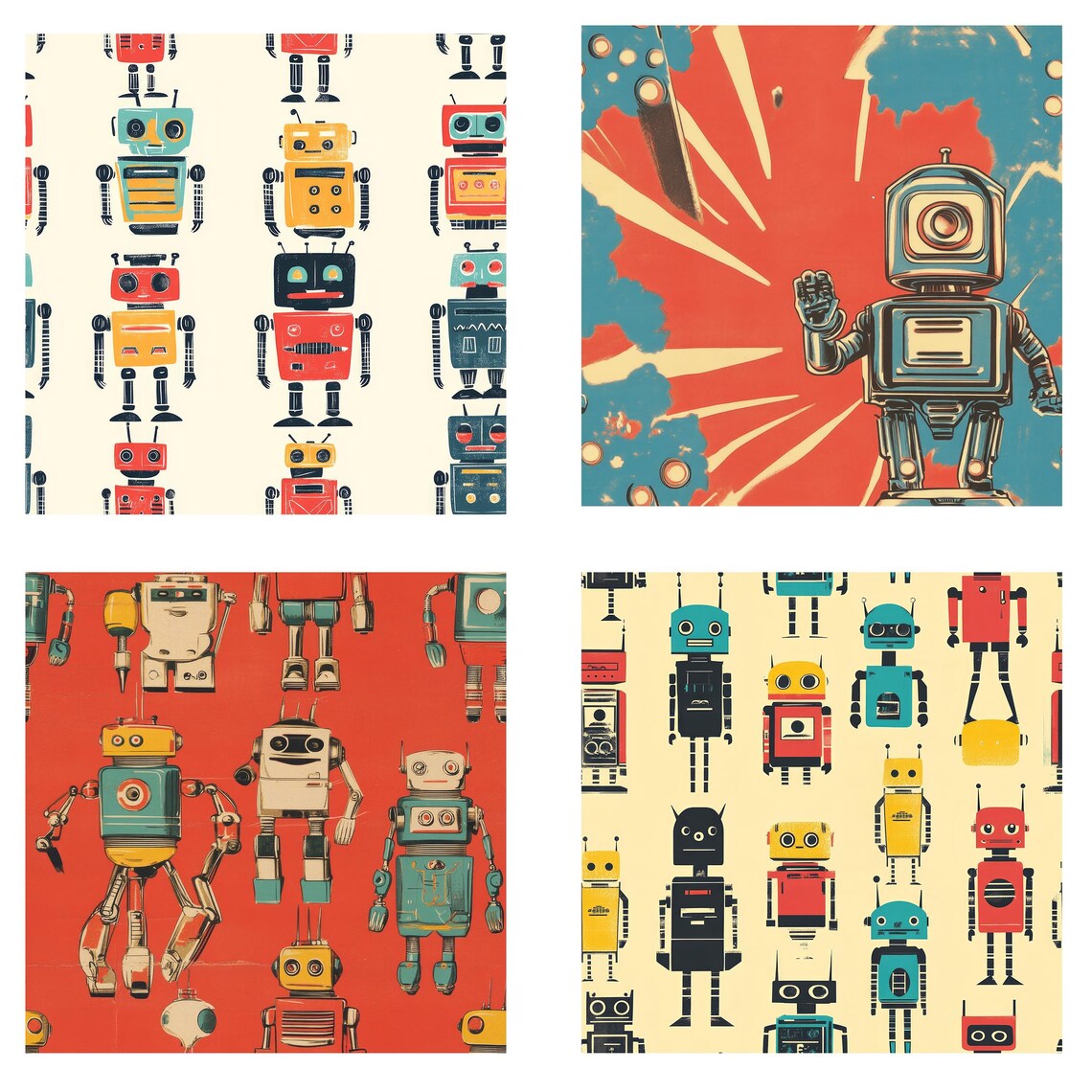 Retro Robots Seamless Digital Paper: Vintage Style Patterns (digital ...