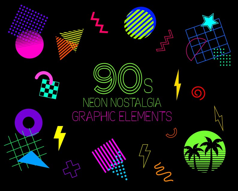90s Neon Digital Bundle: Clip Art, Papers, Color Palette (commercial ...
