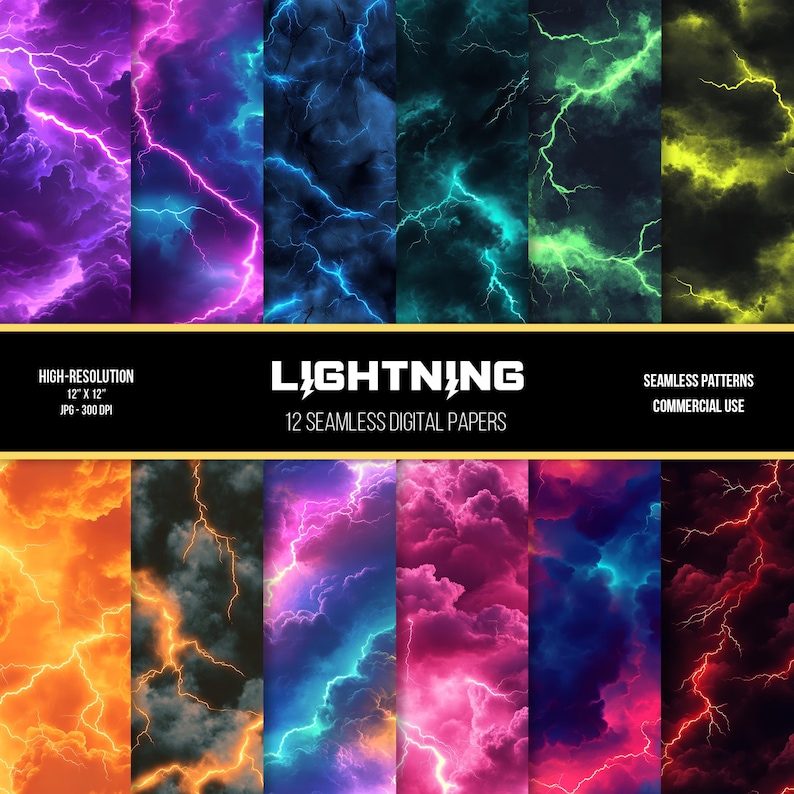 Lightning Digital Paper: Seamless Bright Colors, Night Sky (digital ...