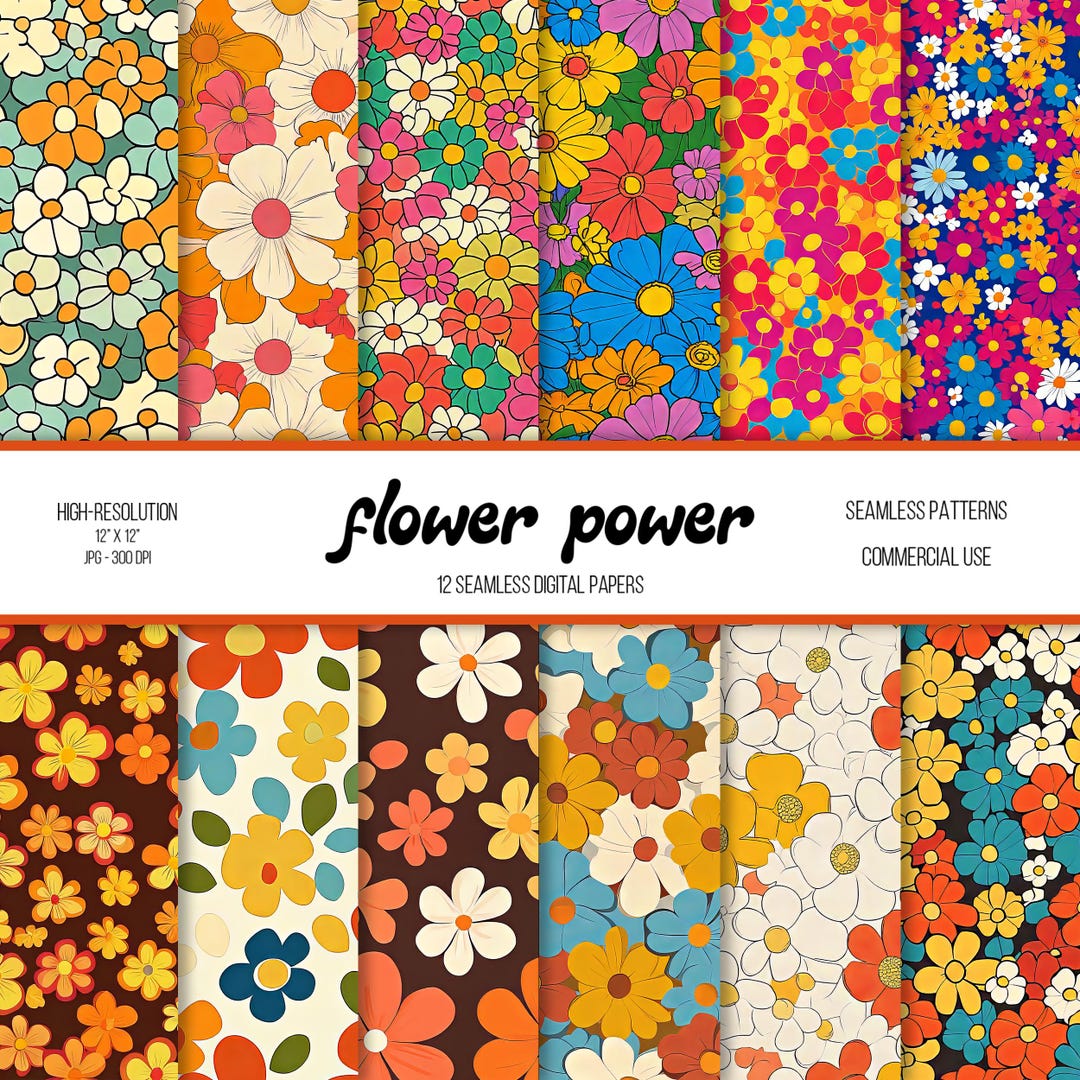 Flower Power Digital Paper: Retro 60s 70s Floral Seamless Patterns ...