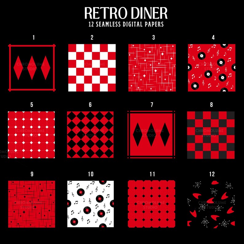 Retro Diner Digital Paper Duo: 1950s Seamless Patterns (digital ...