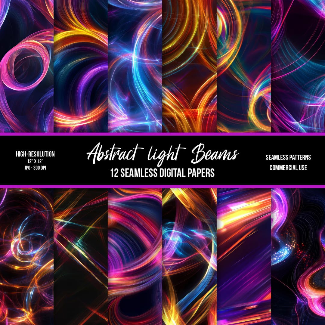 Abstract Light Beams Digital Paper: Seamless Neon Patterns (digital ...