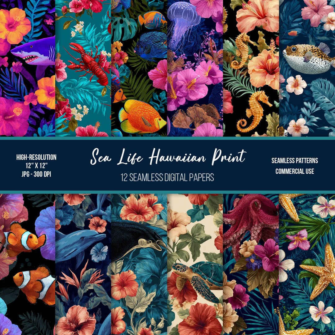 Hawaiian Sea Life Digital Paper: Seamless Tropical Ocean Patterns ...