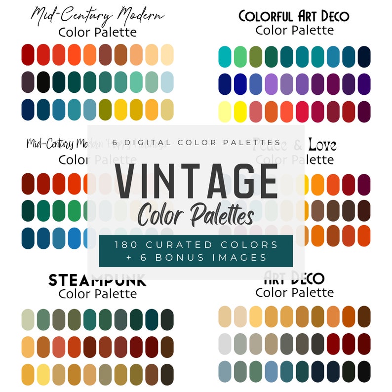 Vintage Color Palette Bundle: Art Deco, Steampunk, Mid-century Modern ...
