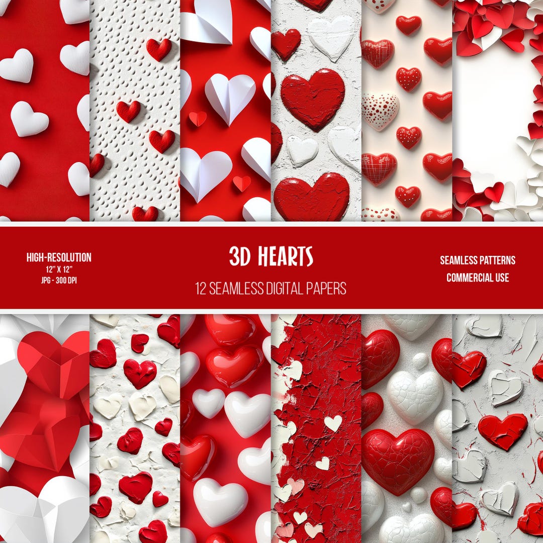 3D Hearts Digital Paper: Seamless Valentine's Day Patterns (digital ...