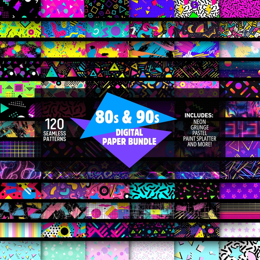 Retro 80s 90s Digital Paper Bundle: Seamless Neon, Grunge, Pastel ...