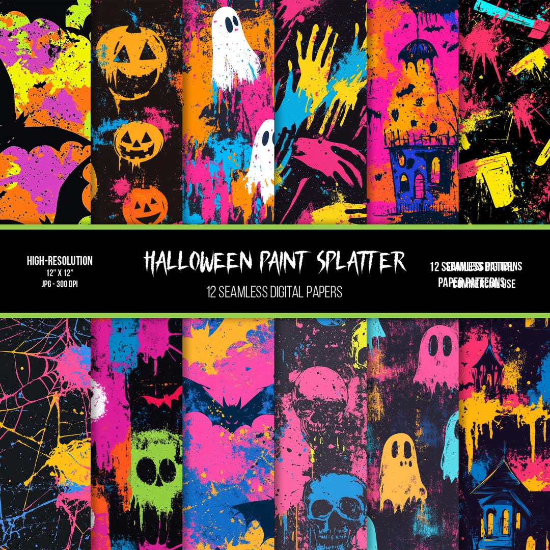 Neon Halloween Paint Splatter Digital Paper: Retro 80s 90s Patterns ...