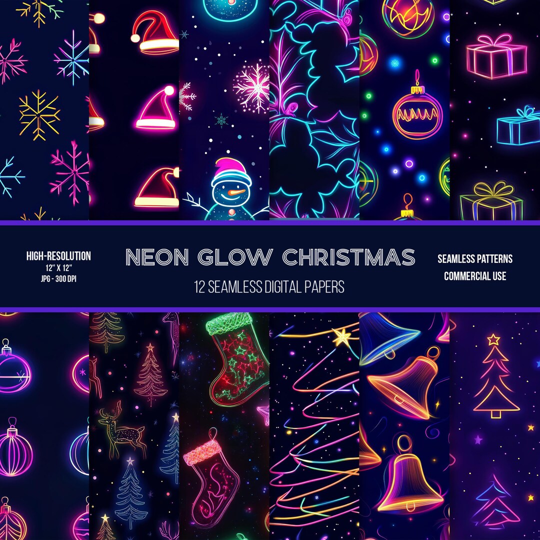 Neon Glow Christmas Digital Paper: Seamless Glowing Patterns (digital ...