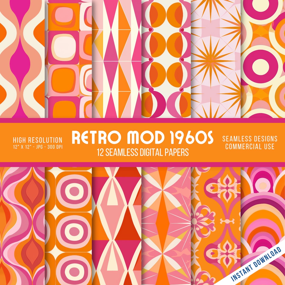 Retro 1960s Mod Digital Paper: Pink & Orange Seamless Patterns (digital ...
