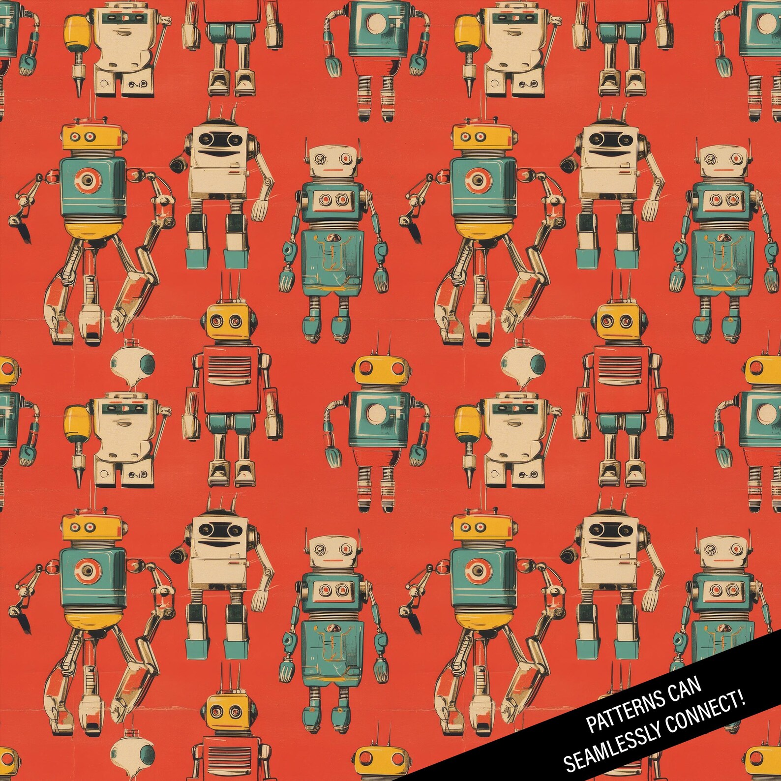 Retro Robots Seamless Digital Paper: Vintage Style Patterns (digital ...