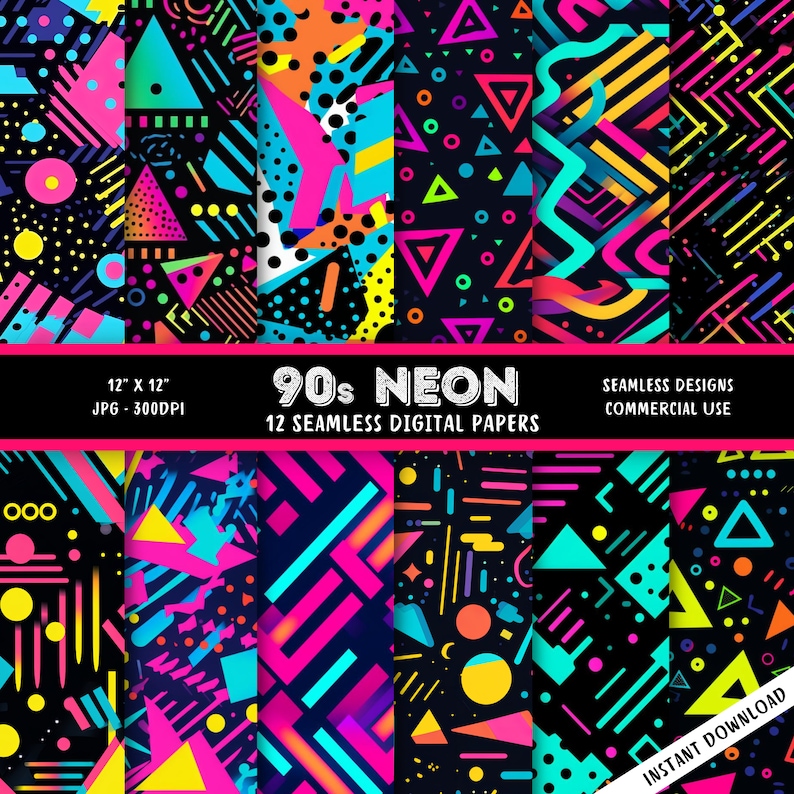 90s Neon Digital Bundle: Clip Art, Papers, Color Palette (commercial ...