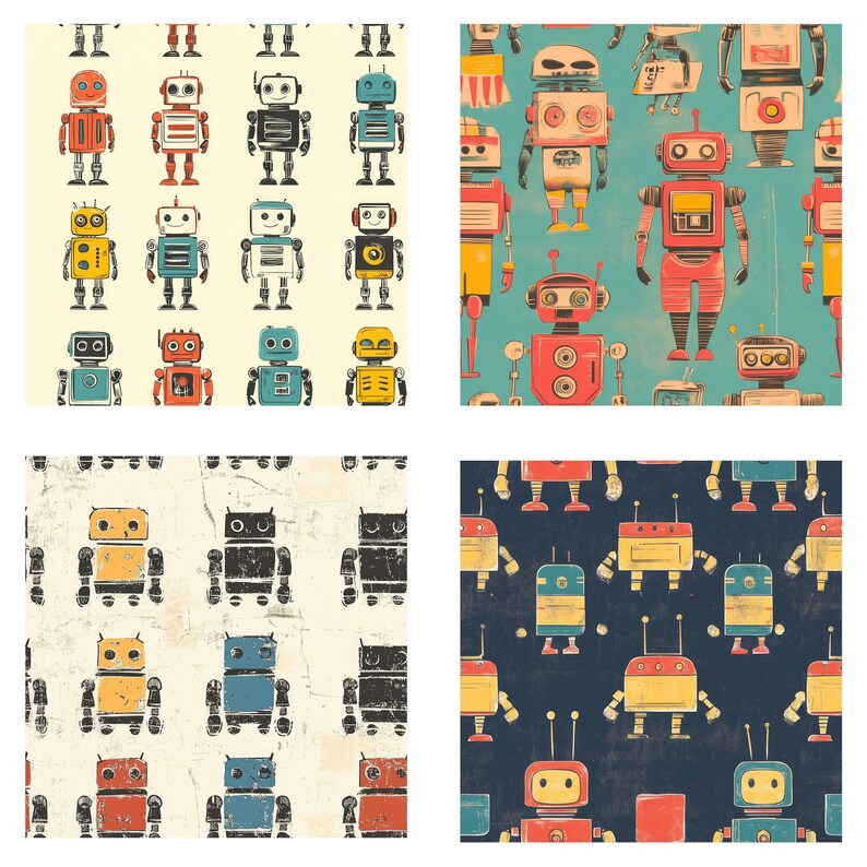 Retro Robots Seamless Digital Paper: Vintage Style Patterns (digital ...