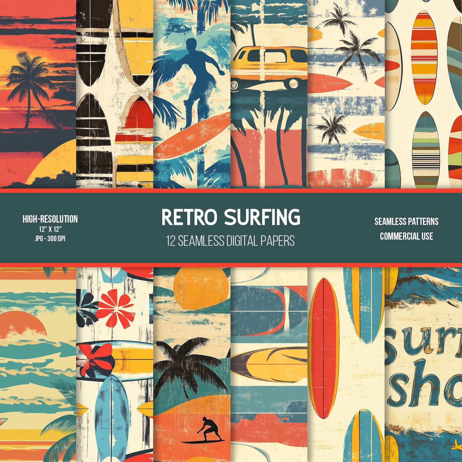 Retro Surfing Digital Paper: Vintage 60s 70s Seamless Patterns (digital ...