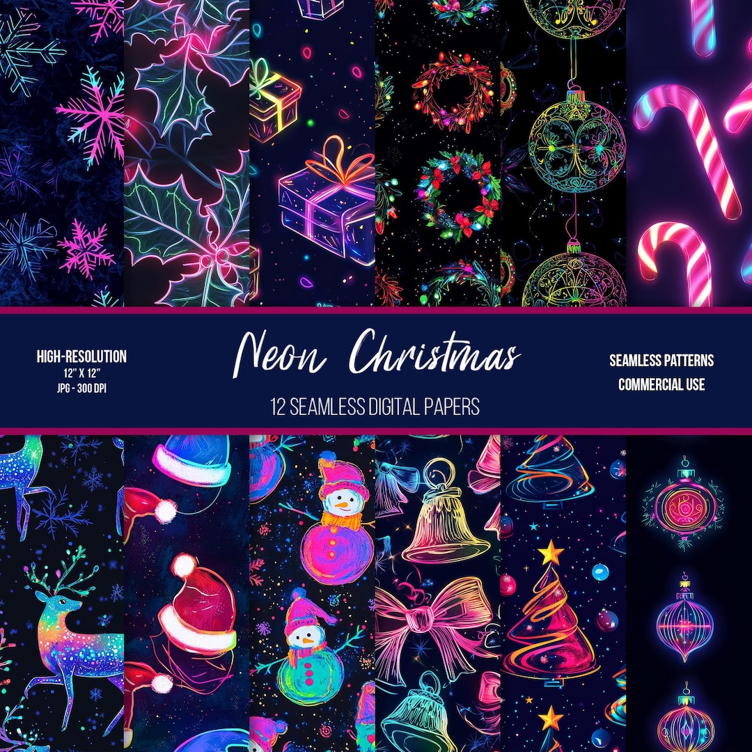Neon Christmas Digital Paper: Seamless Holiday Patterns (digital ...