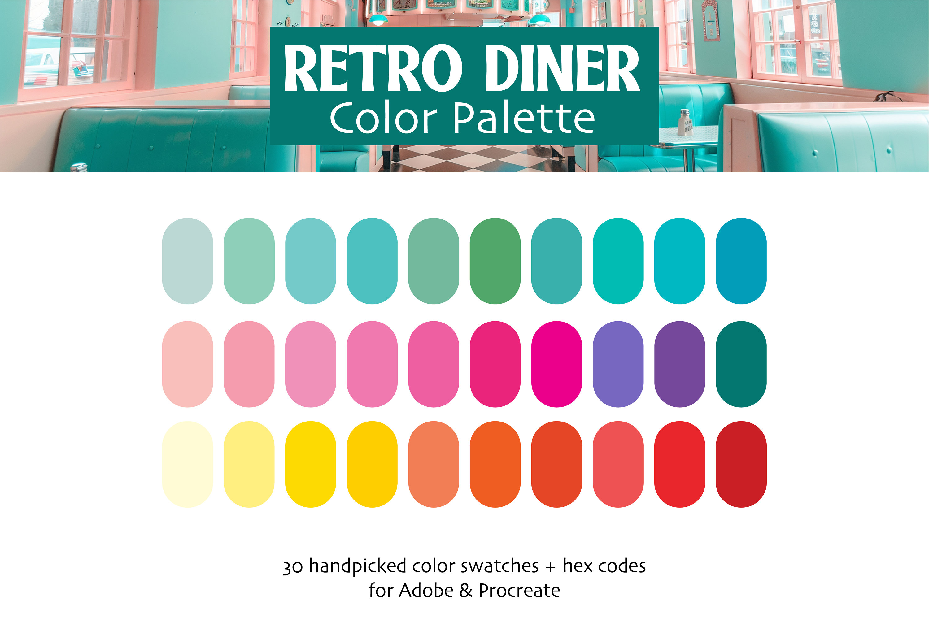 Retro Diner Procreate & Adobe Digital Color Palette | Instant Download ...