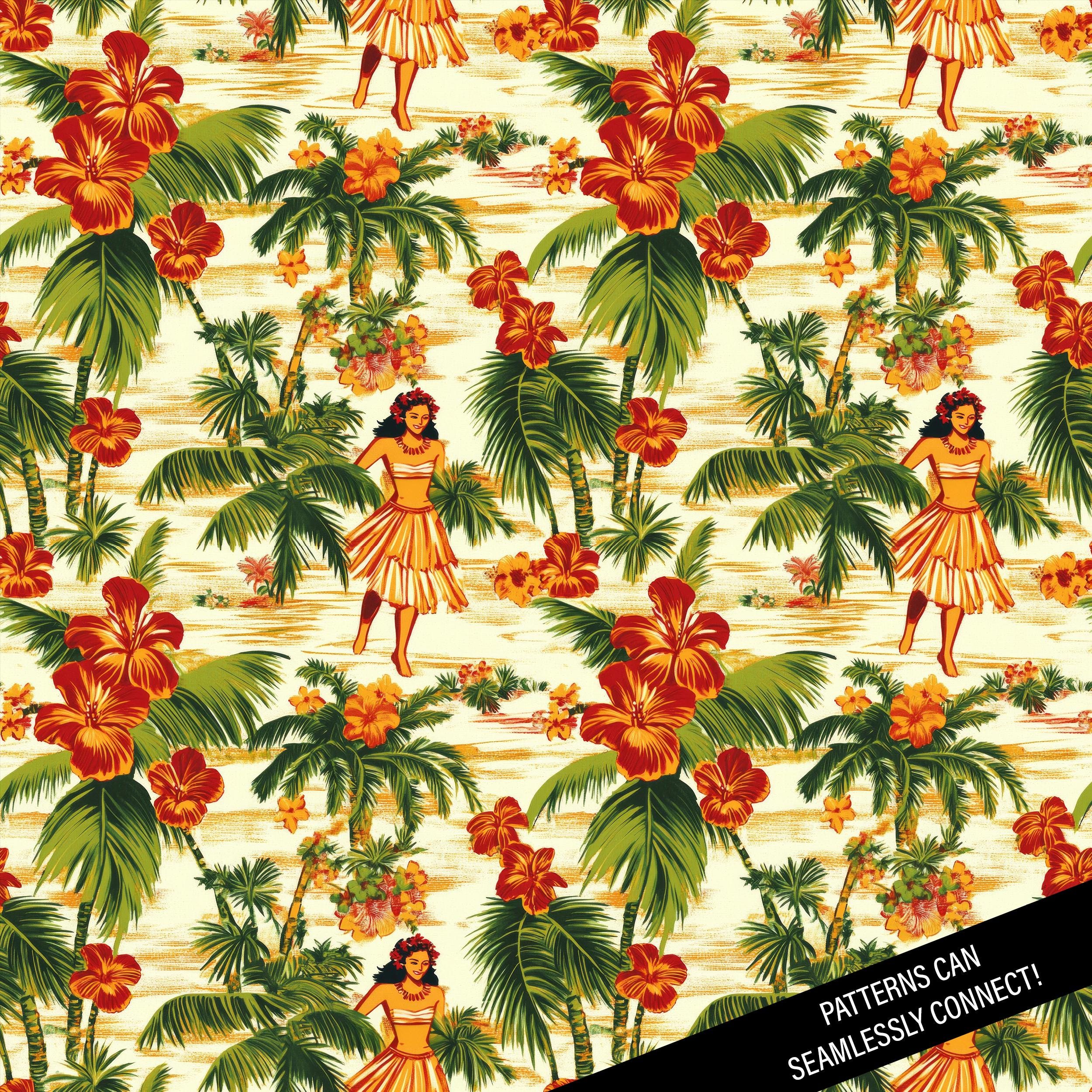 Vintage Hawaiian Print Digital Paper: Seamless Tropical Island Patterns ...