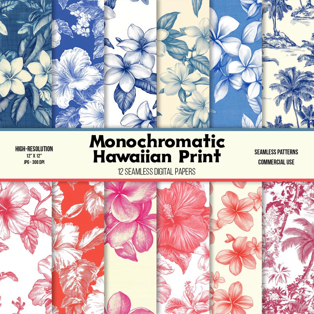 Monochromatic Hawaiian Floral Print: Seamless Tropical Patterns ...