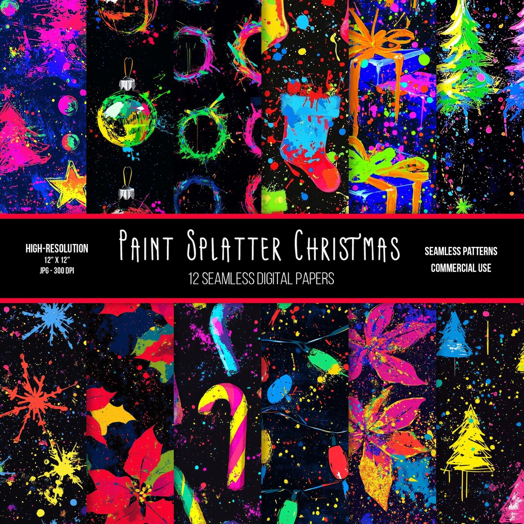 Neon Paint Splatter Christmas Digital Paper: Seamless Holiday Patterns ...