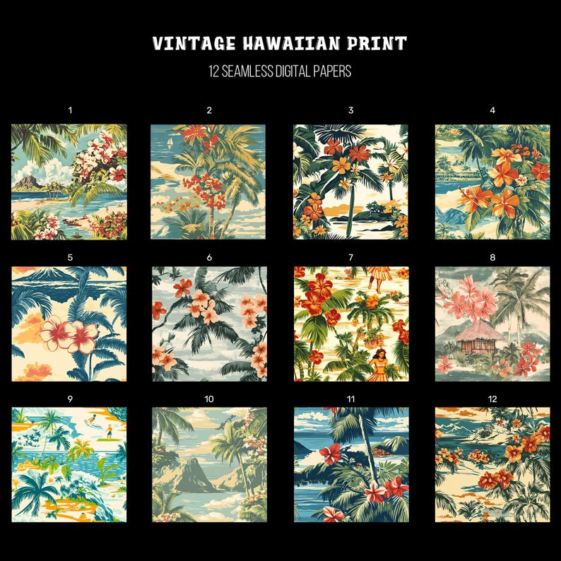 Vintage Hawaiian Print Digital Paper: Seamless Tropical Island Patterns ...