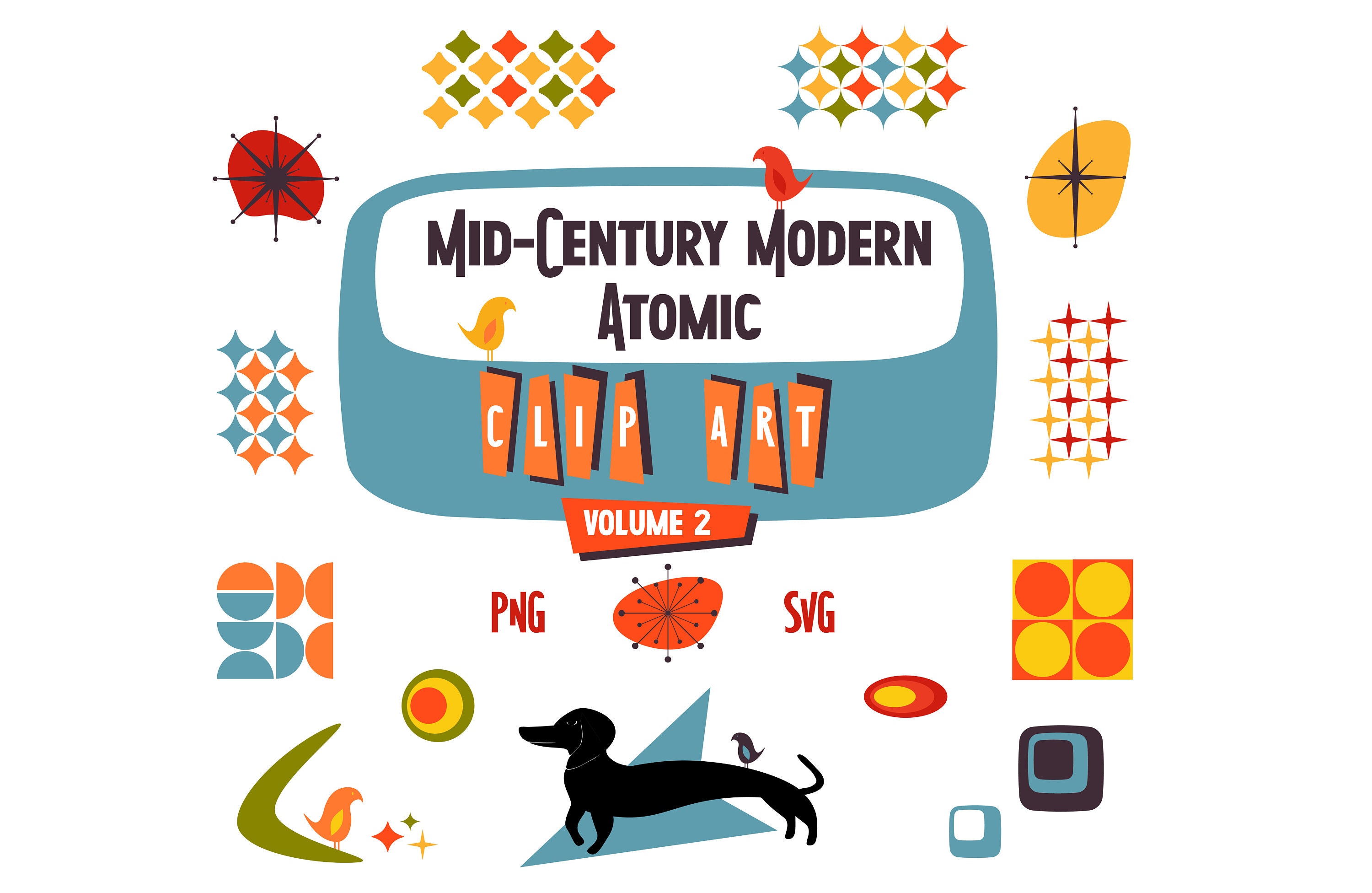 Mid-century Modern Graphics Bundle: Retro Clipart, Seamless Digital ...