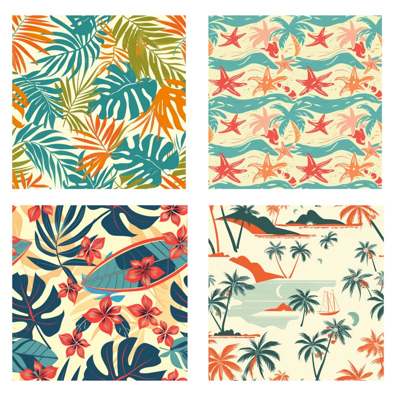 Retro Hawaiian Print Digital Paper: Seamless Tropical Hibiscus, Palm ...