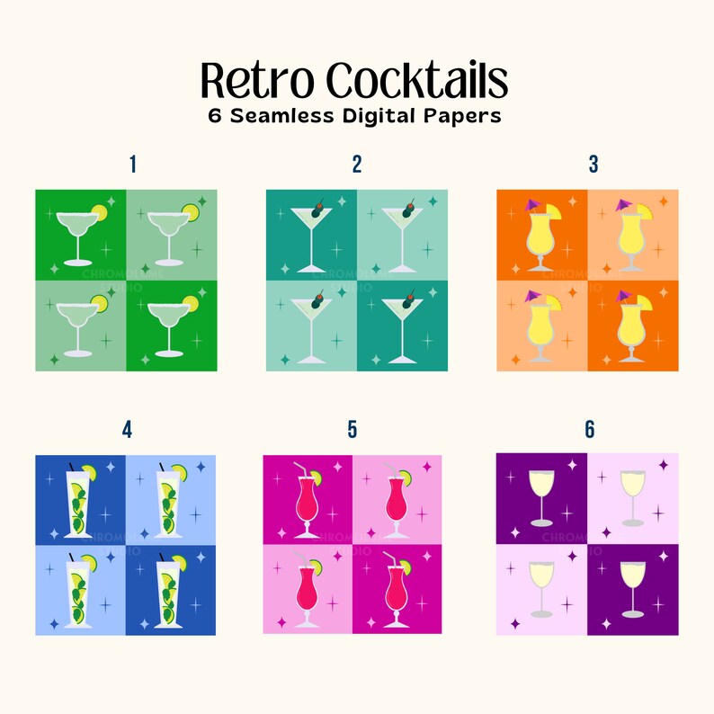 Retro Cocktails Seamless Digital Paper | Commercial Use | High ...