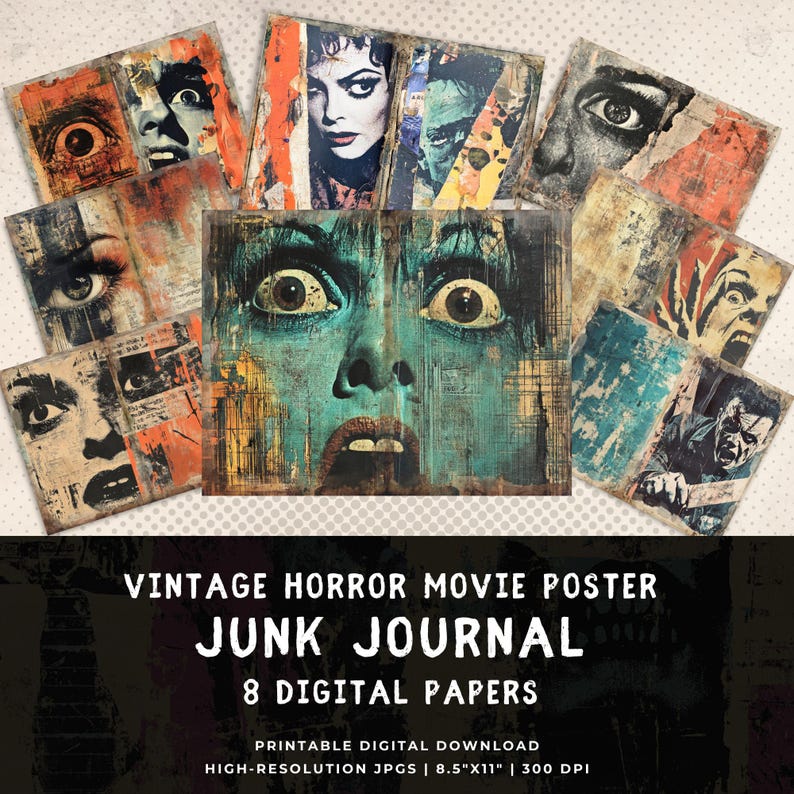 Printable Vintage Horror Movie Poster Junk Journal 8 Pages Instant ...