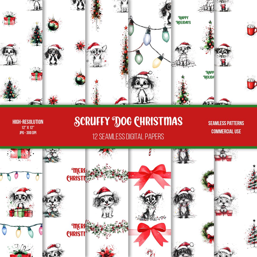 Scruffy Dog Christmas Seamless Digital Paper | Commercial Use | High ...