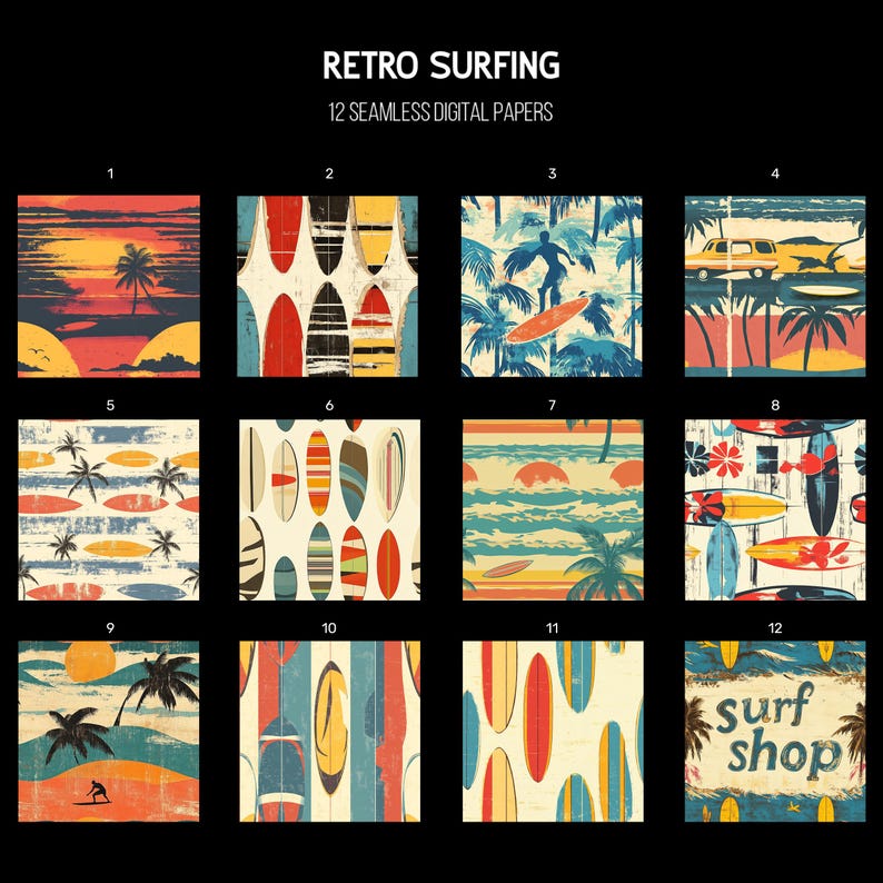 Retro Surfing Digital Paper: Vintage 60s 70s Seamless Patterns (digital ...