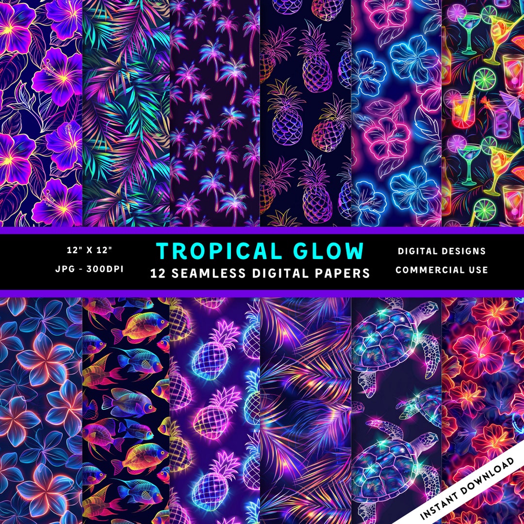 Tropical Neon Digital Paper: Seamless Glow Patterns (digital Download ...