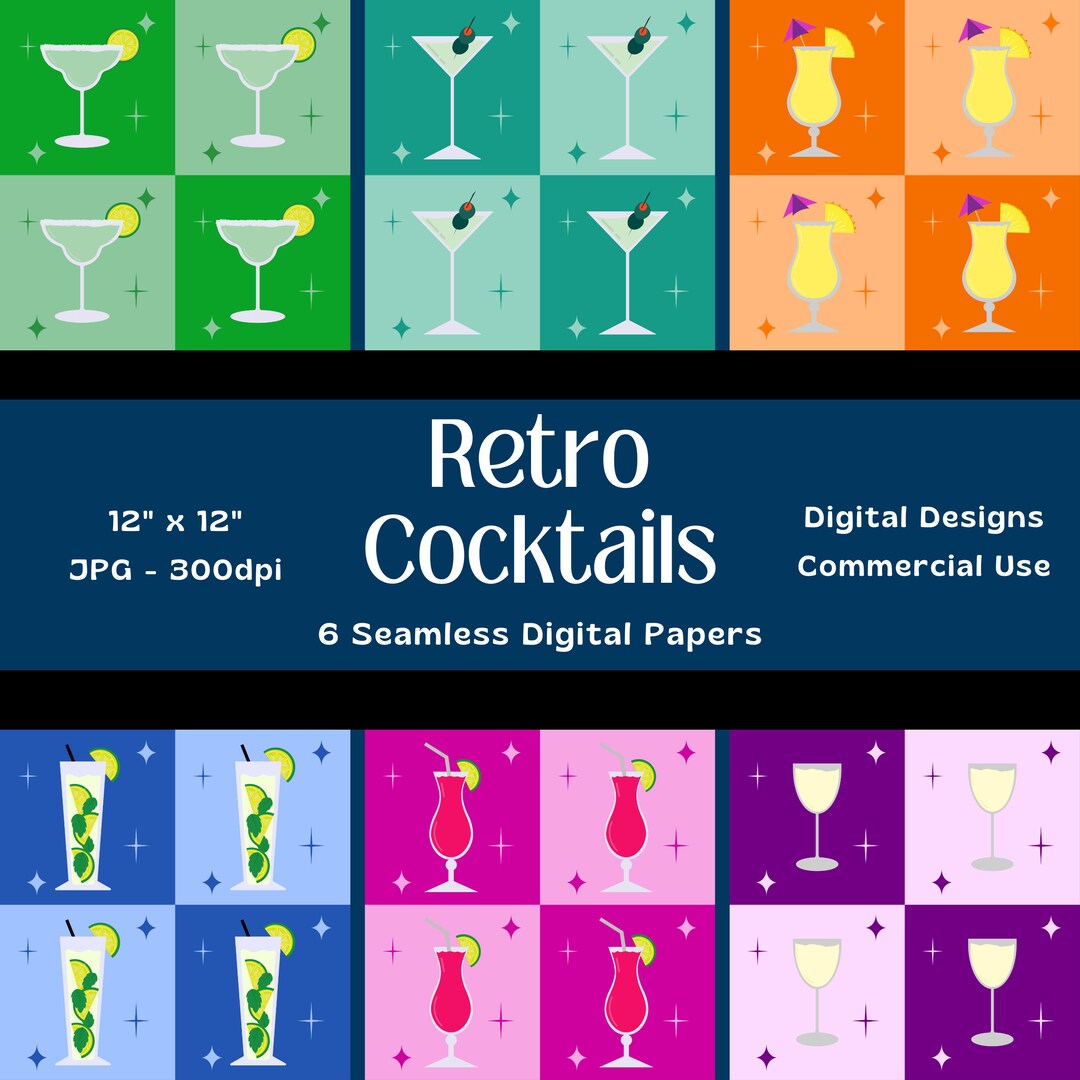Retro Cocktails Seamless Digital Paper | Commercial Use | High ...